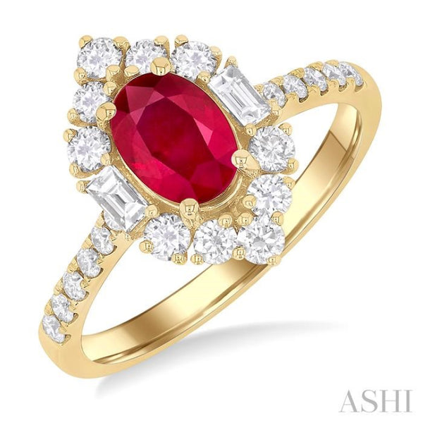 7x5 MM Oval Cut Ruby & 5/8 ctw Baguette and Round Cut Diamond Halo Pre ...